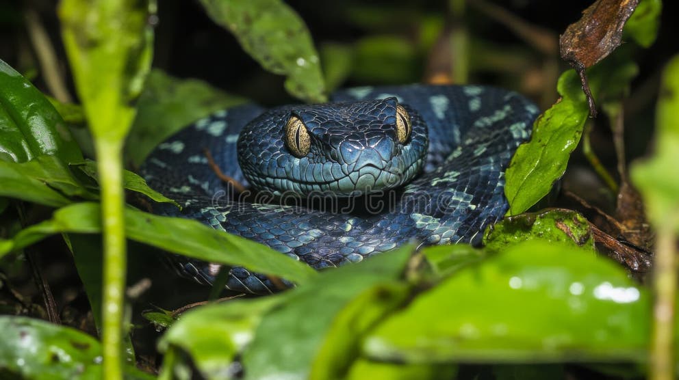 Blue Snake in Lush Green Tropical Foliage Stock Illustration ...