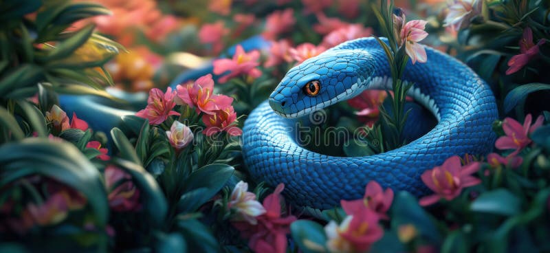 Blue Snake among Vibrant Flowers in a Lush Garden Setting, Copy Space ...