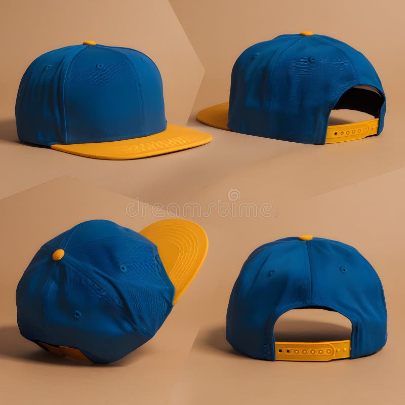 Blue Snapback Cap with Yellow Visor Shown in Multiple Perspectives ...