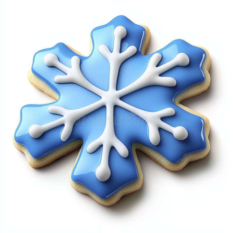 Blue Snowflake Shaped Cookie with White Icing on White Background Stock ...