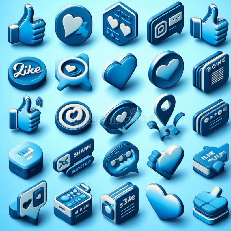 Blue Social Media Icon Set Thumbs, Comment, Share and Love 3d Style ...