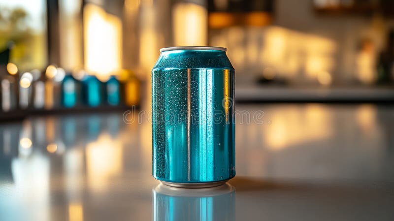Blue Soda Can with Condensation on a Reflective Kitchen Table. Stock ...
