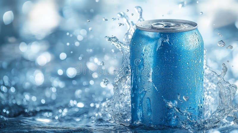 Blue Soda Can in Splash of Water on Vibrant Blue Background. Refreshing ...