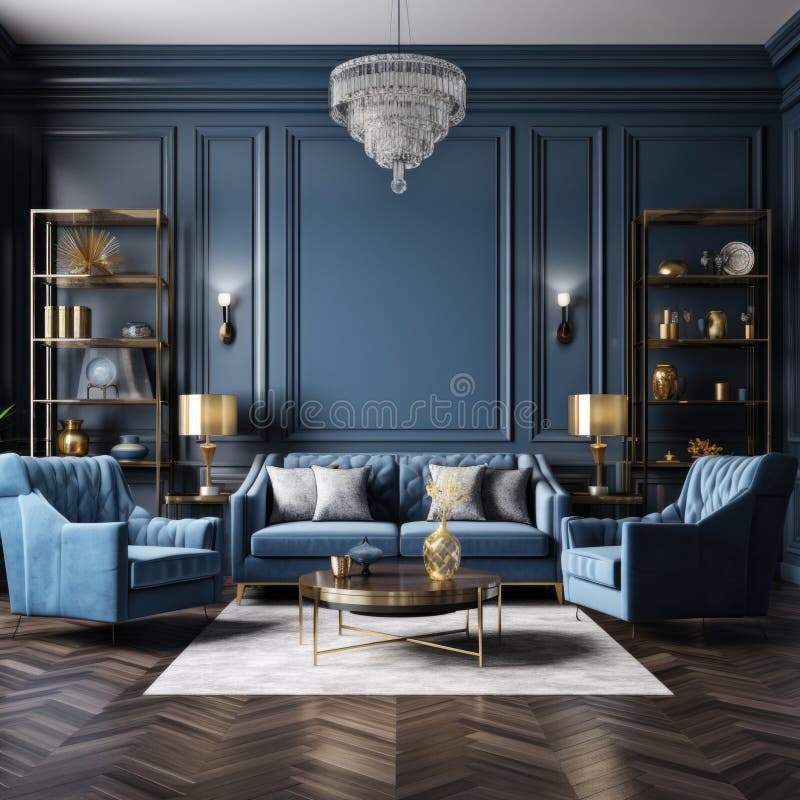 Blue Sofa and Armchairs in Classic Room. Interior Design of Modern ...