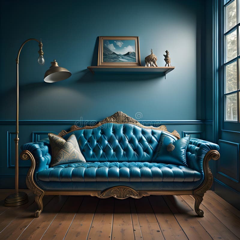 Blue Sofa in Classic Interior with Blue Walls, Generative Ai Stock ...