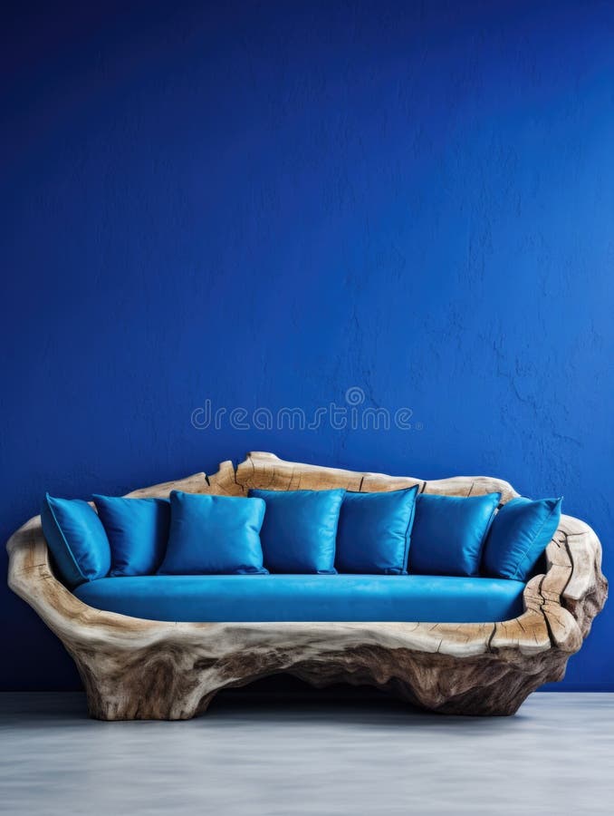 Blue Sofa Made of Tree Trunk Root Over Blue Empty Wall with Copy Space. Rustic Interior Design ...