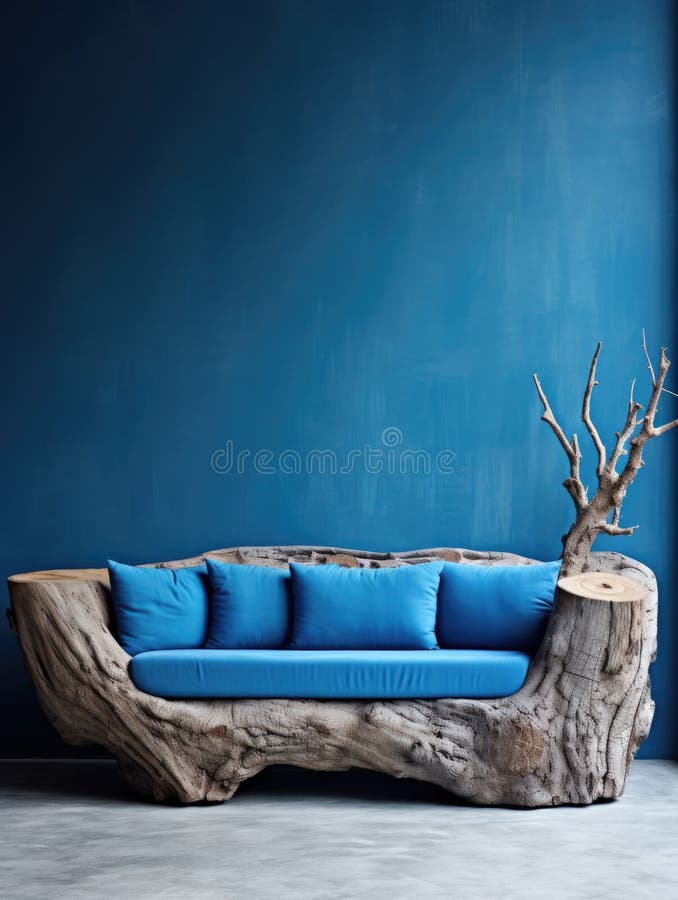 Blue Sofa Made of Tree Trunk Root Over Blue Empty Wall with Copy Space. Rustic Interior Design ...