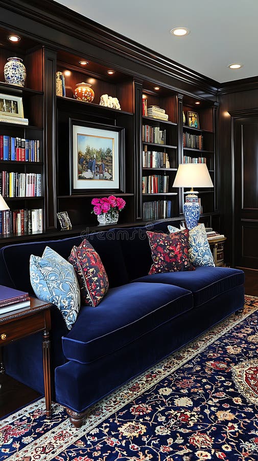 Blue Sofa is Surrounded by a Large Collection of Books Stock Image ...