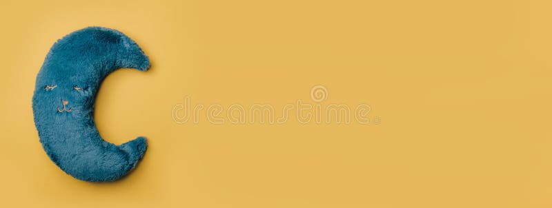 Blue Soft Moon Shaped Pillow on Yellow Background. Top View, Copy Space ...