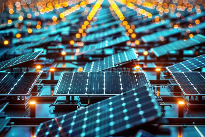 Blue Solar Panels with Glowing Connections, Symbolizing Sustainable ...