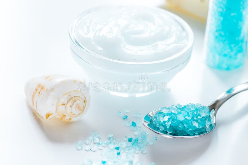 Blue Spa Composition with Shells and Natural Soap on White Desk ...