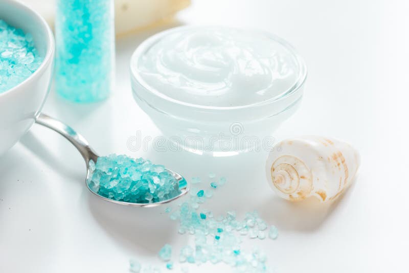 Blue Spa Composition with Shells and Natural Soap on White Desk ...