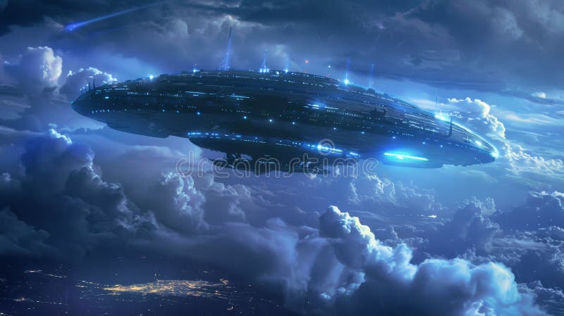 A Blue Space Ship is Flying through a Cloudy Sky Stock Image - Image of ...