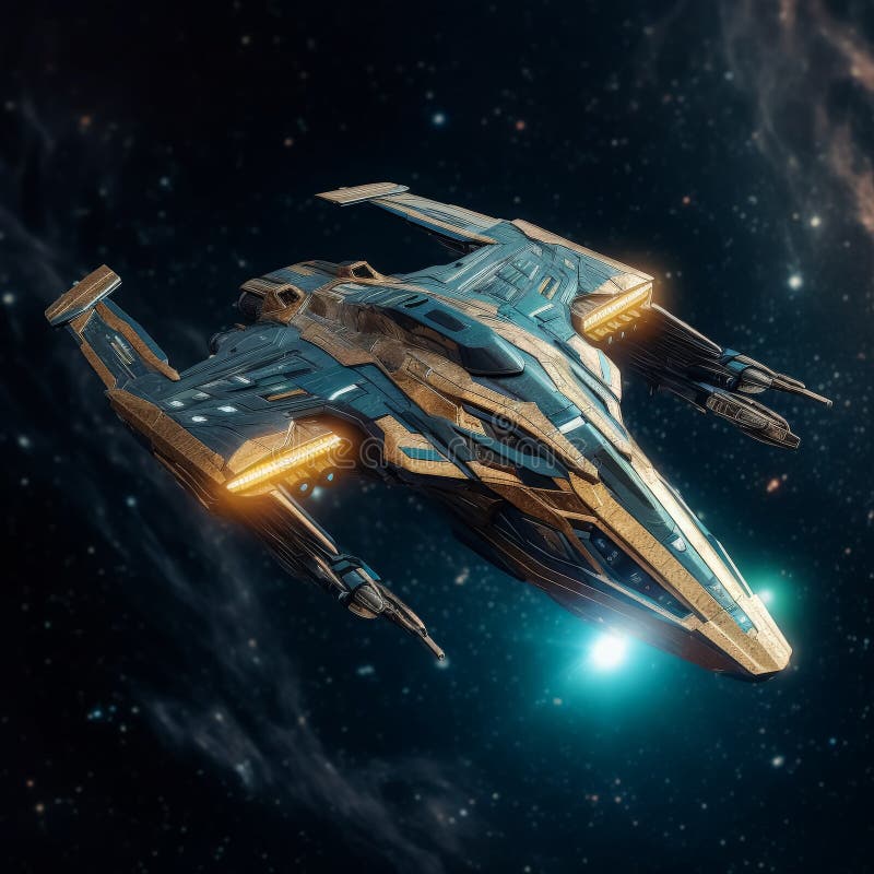 A Blue Space Ship with Orange Lights on it is Flying through Space ...