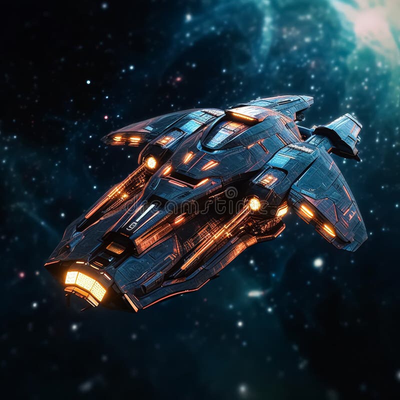 A Blue Space Ship with Orange Lights on it is Flying through Space ...