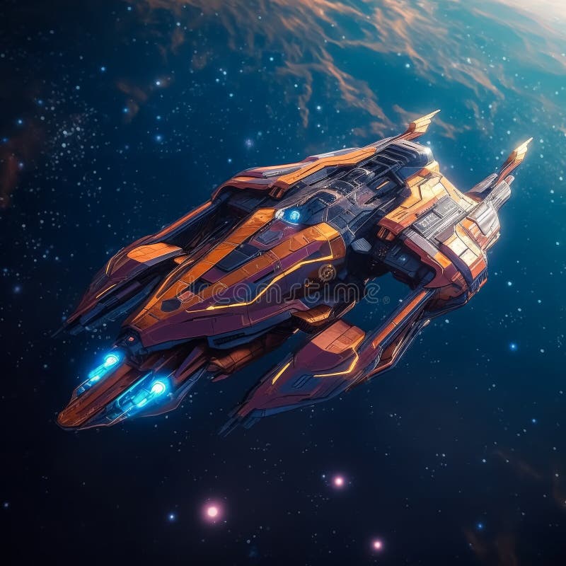 A Blue Space Ship with Orange Lights on it is Flying through Space ...