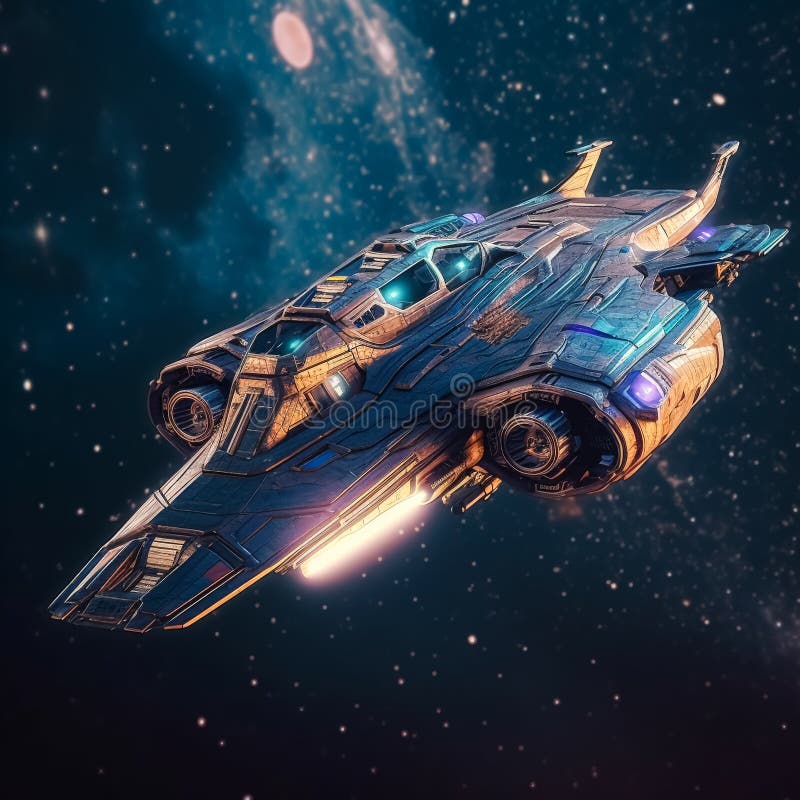 A Blue Space Ship with Orange Lights on it is Flying through Space ...