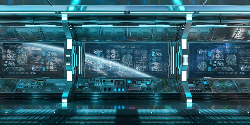 Blue Spaceship Interior with Control Panel Screens 3D Rendering Stock ...