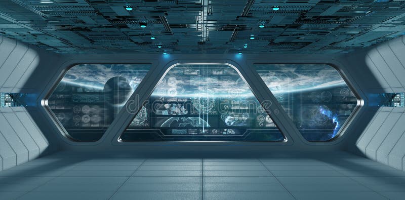 Blue Spaceship Interior with Control Panel Screens 3D Rendering Stock ...