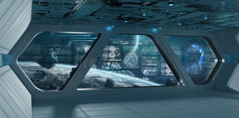 Blue Spaceship Interior with Control Panel Screens 3D Rendering Stock ...