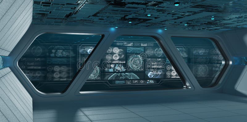 Blue Spaceship Interior with Control Panel Screens 3D Rendering Stock ...