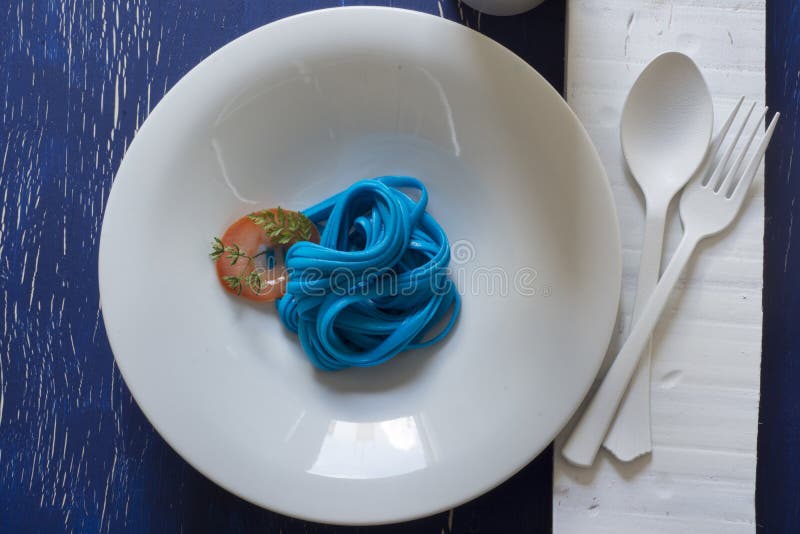 Blue Spaghetti, Black Place Setting Stock Photo - Image of color ...