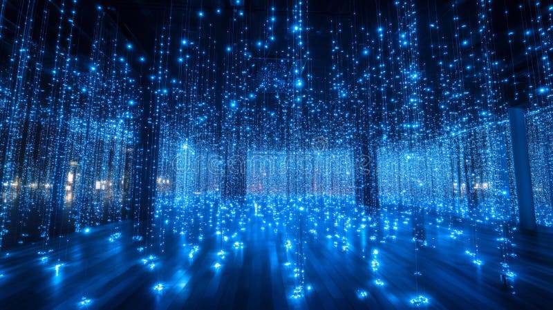 Blue Sparkling Lights Installation in Dark Room Stock Illustration ...