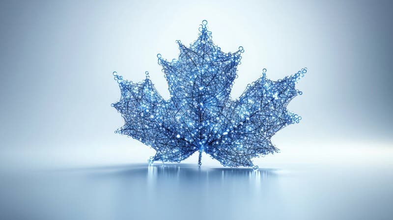 Blue Sparkling Maple Leaf Designed with Wireframe and Light Reflections ...