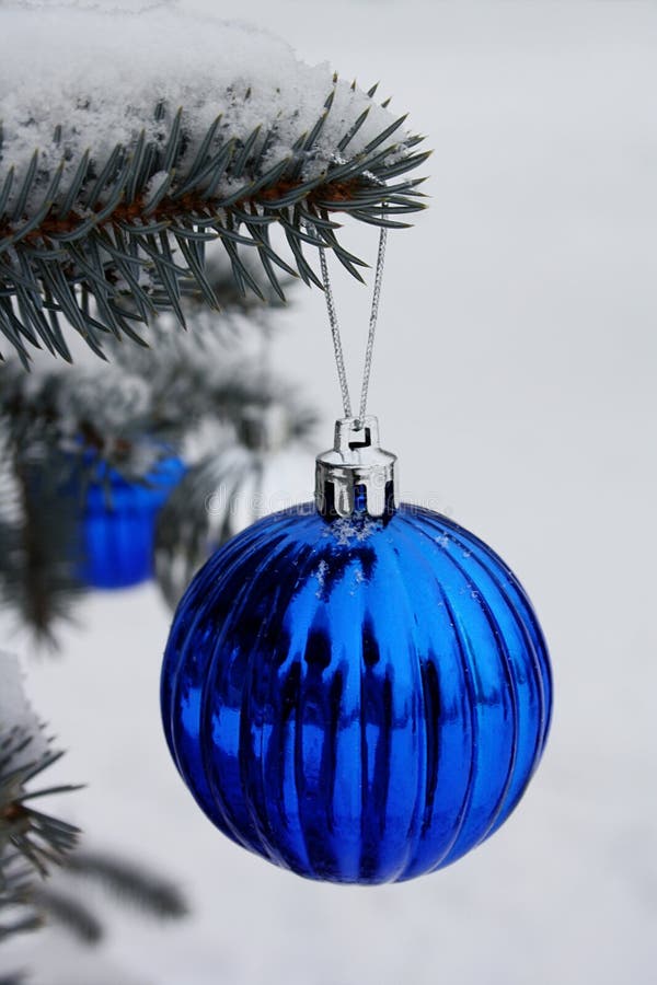 Blue Sphere on a Blue Fur-tree Stock Photo - Image of winter, plant ...
