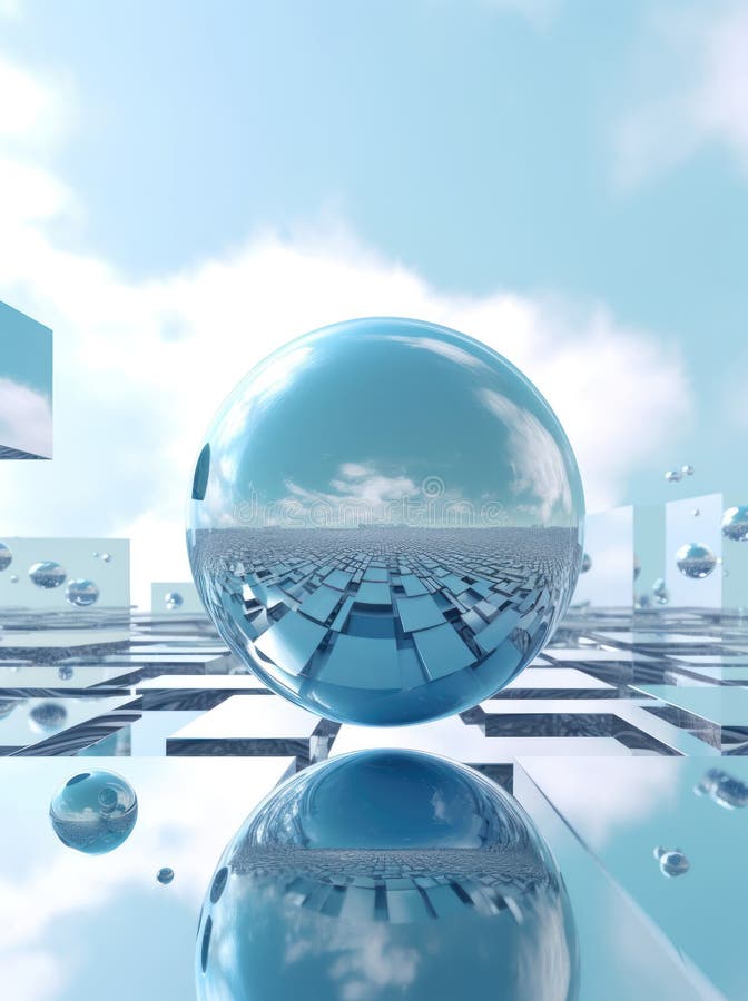Blue Sphere on a Checkered Floor with Floating Cubes in the Sky ...