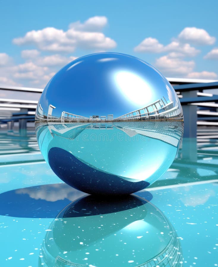 Blue Sphere on a Checkered Floor with Floating Cubes in the Sky ...