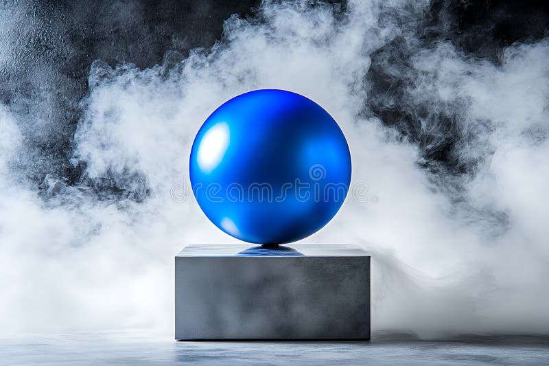 Blue Sphere on Grey Cube Mystical Fog Background Abstract Art Stock ...