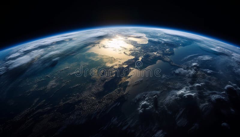 Blue Sphere Orbits Dark Planet in Deep Space Generated by AI Stock ...