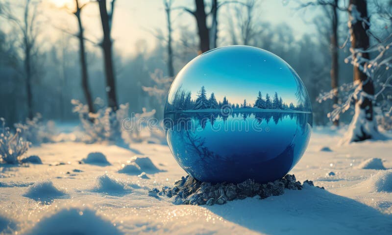 Blue Sphere with Reflective Surface Sits on Bed Rocks in Snowy Forest ...