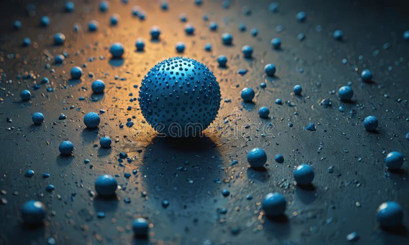 Blue Sphere with Textured Surface is Surrounded by Numerous Smaller ...