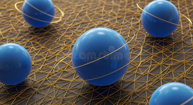 Blue Spheres and Gold Rings on a Grid Stock Illustration - Illustration ...