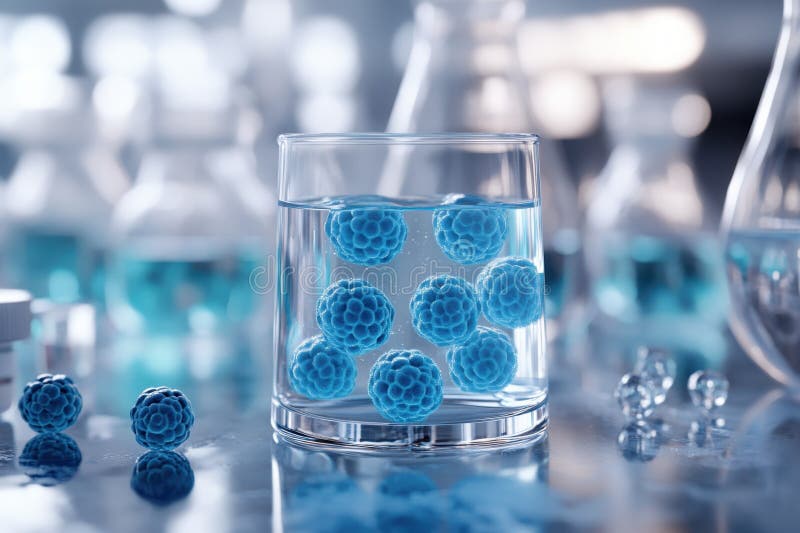 Blue Spherical Particles Suspended in Clear Liquid in a Laboratory ...