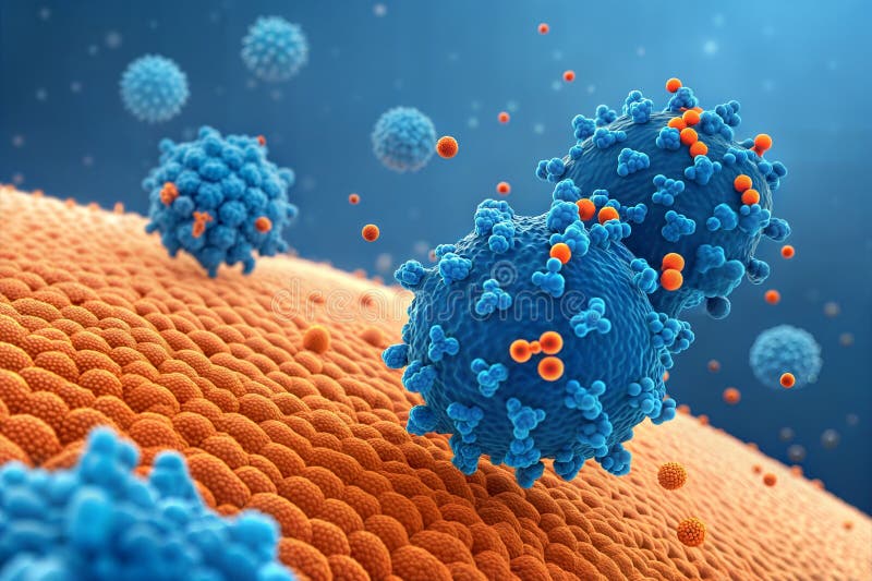 Blue Spherical Virus on Orange Cell, Floating with Some Virus on Blue ...