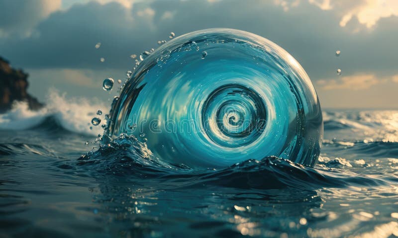 A Blue Spiral Shell is Seen in the Water, with a Splash of Water Around ...
