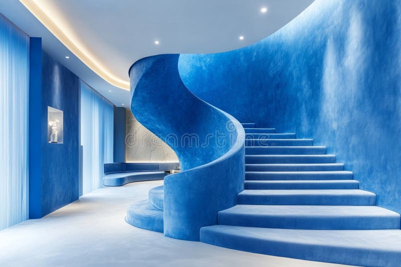 Blue Spiral Staircase Connecting Different Levels in a Modern ...