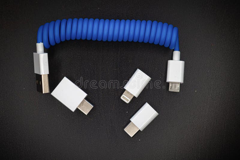 Blue Spiral USB Cable with Adapters Stock Image - Image of closeup ...