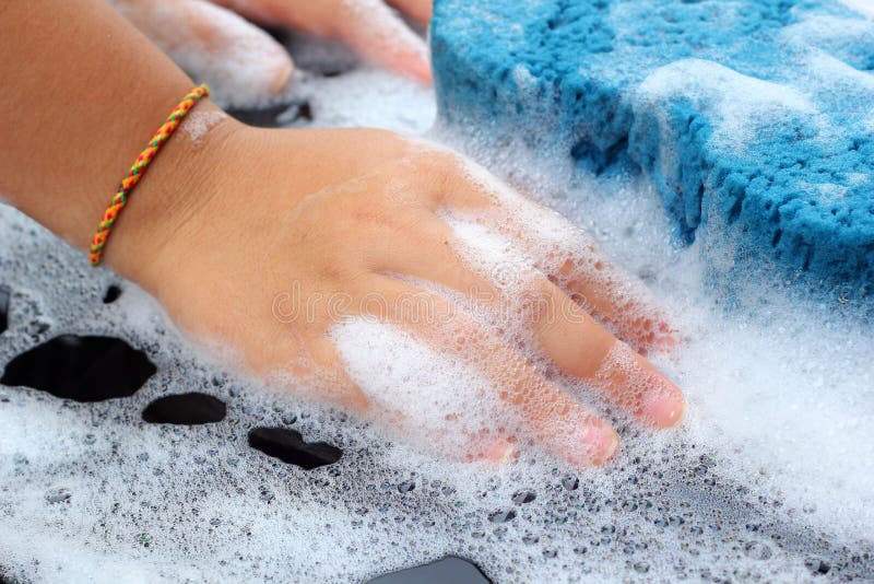 Blue Sponge the Car for Washing Stock Image - Image of reflection ...