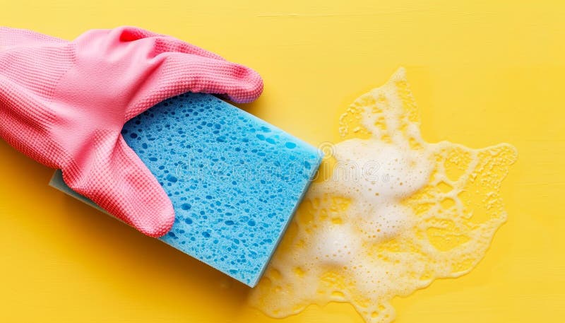Blue Sponge and Hand in Pink Cleaning Glove on Yellow Background for ...