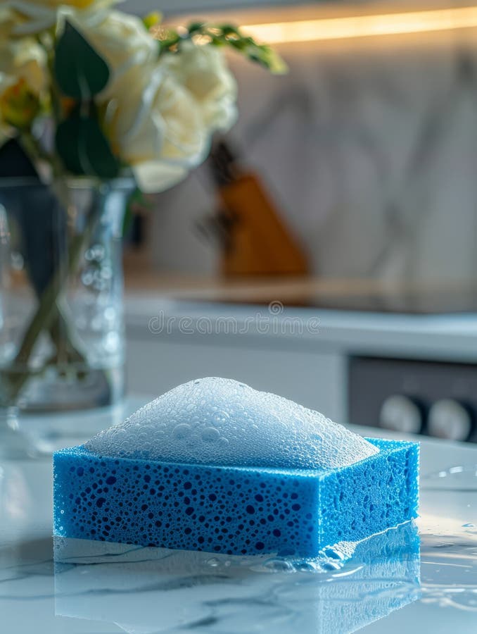 Blue Sponge with Soap Bubbles on Kitchen Counter Stock Image - Image of ...