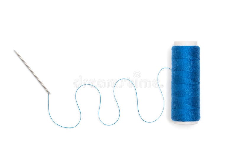Blue Spool of Thread with Needle Isolated on White, Top View Stock ...