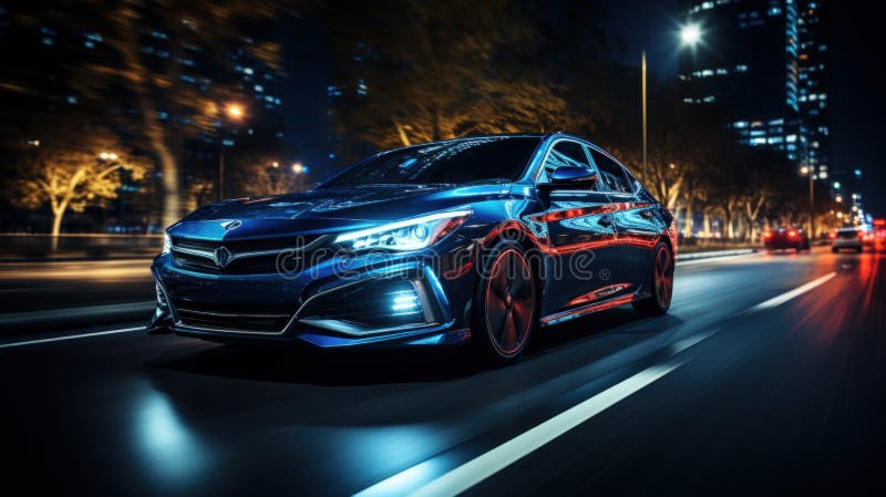 Blue Sport Car on the Road at Night Stock Illustration - Illustration ...