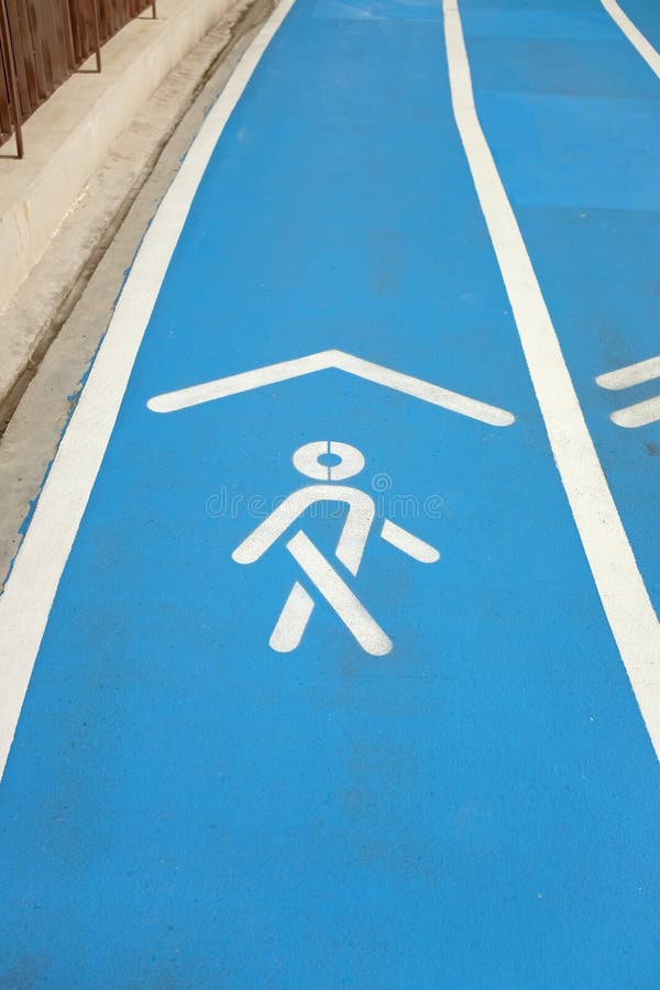 Blue Sport Running Track with Sign Walk Stock Photo - Image of race ...