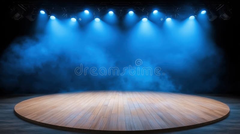 Blue Spotlight Illuminates a Circular Stage in a Performance Space ...