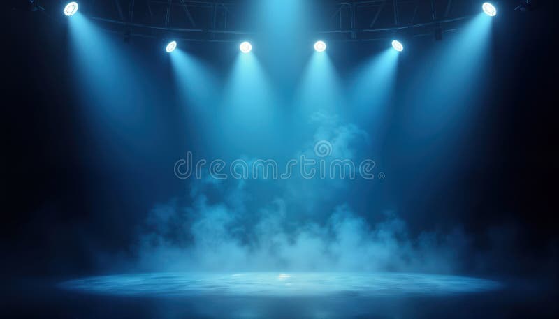 Blue Spotlight Illuminates Empty Stage. Smoke Effect Fills Space. Dark ...