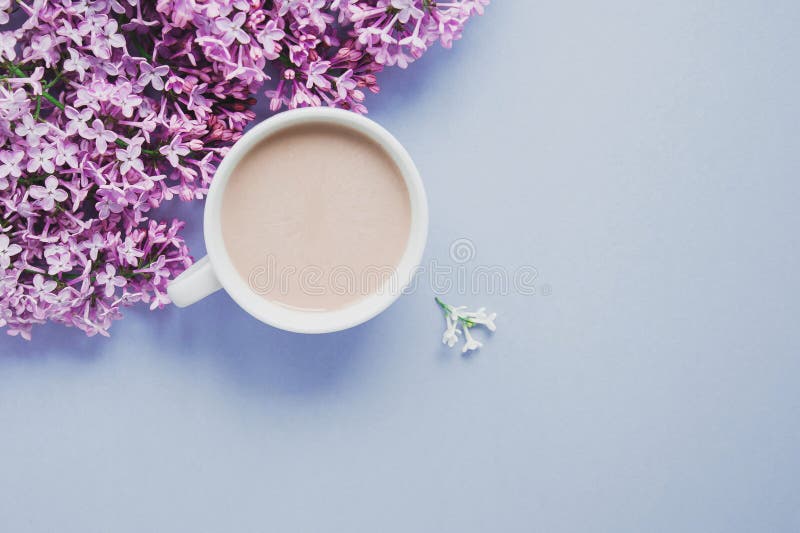 Blue Spring Flowers Lilac, Cup of Coffee with Milk, Place for Text ...